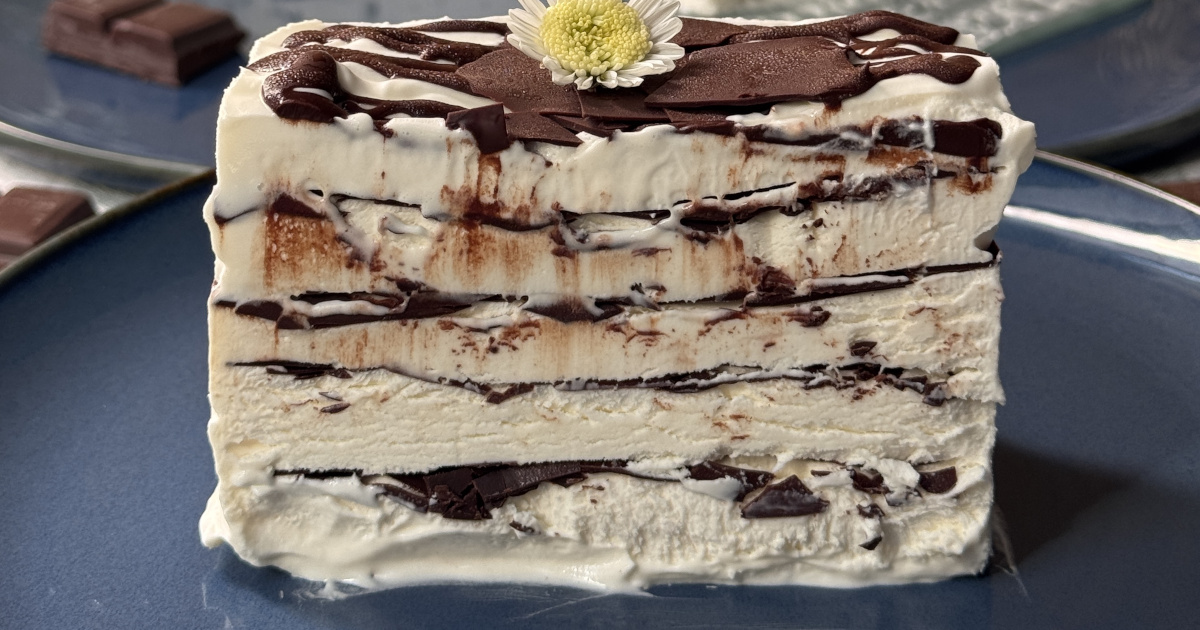Frozen cream, condensed milk and chocolate cake (Viennetta or Comtessa ...